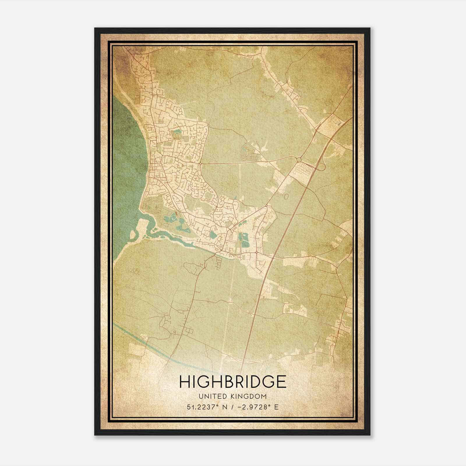 Vintage Highbridge United Kingdom Map Poster, Highbridge City Road Wall ...