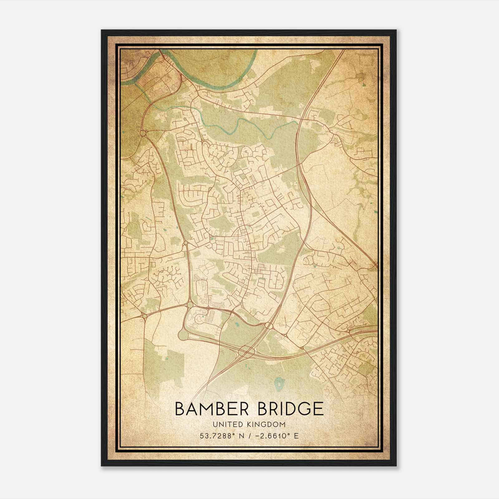 Vintage Bamber Bridge United Kingdom Map Poster, Bamber Bridge City ...
