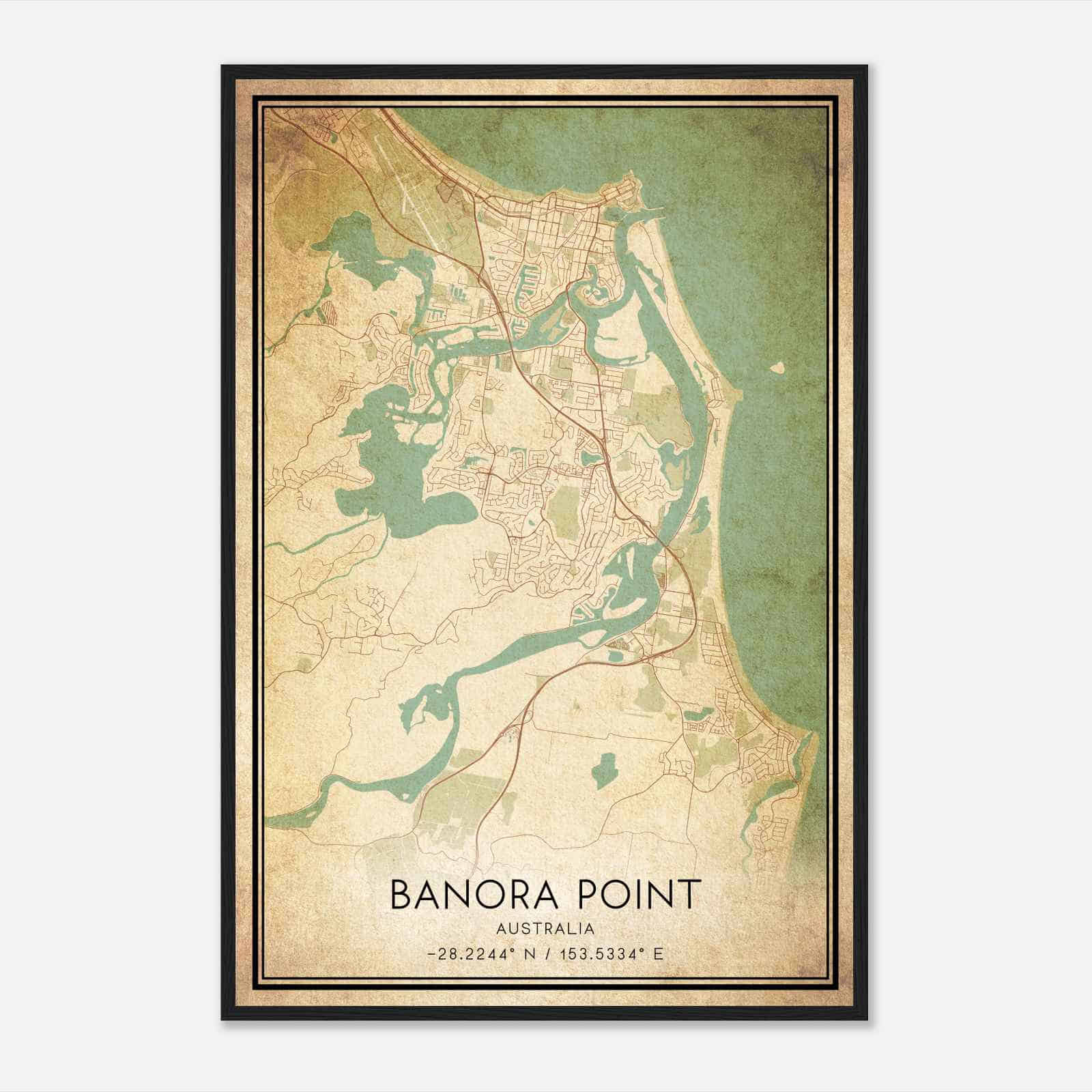 Vintage Banora Point Australia Map Poster, Banora Point City Road Wall ...