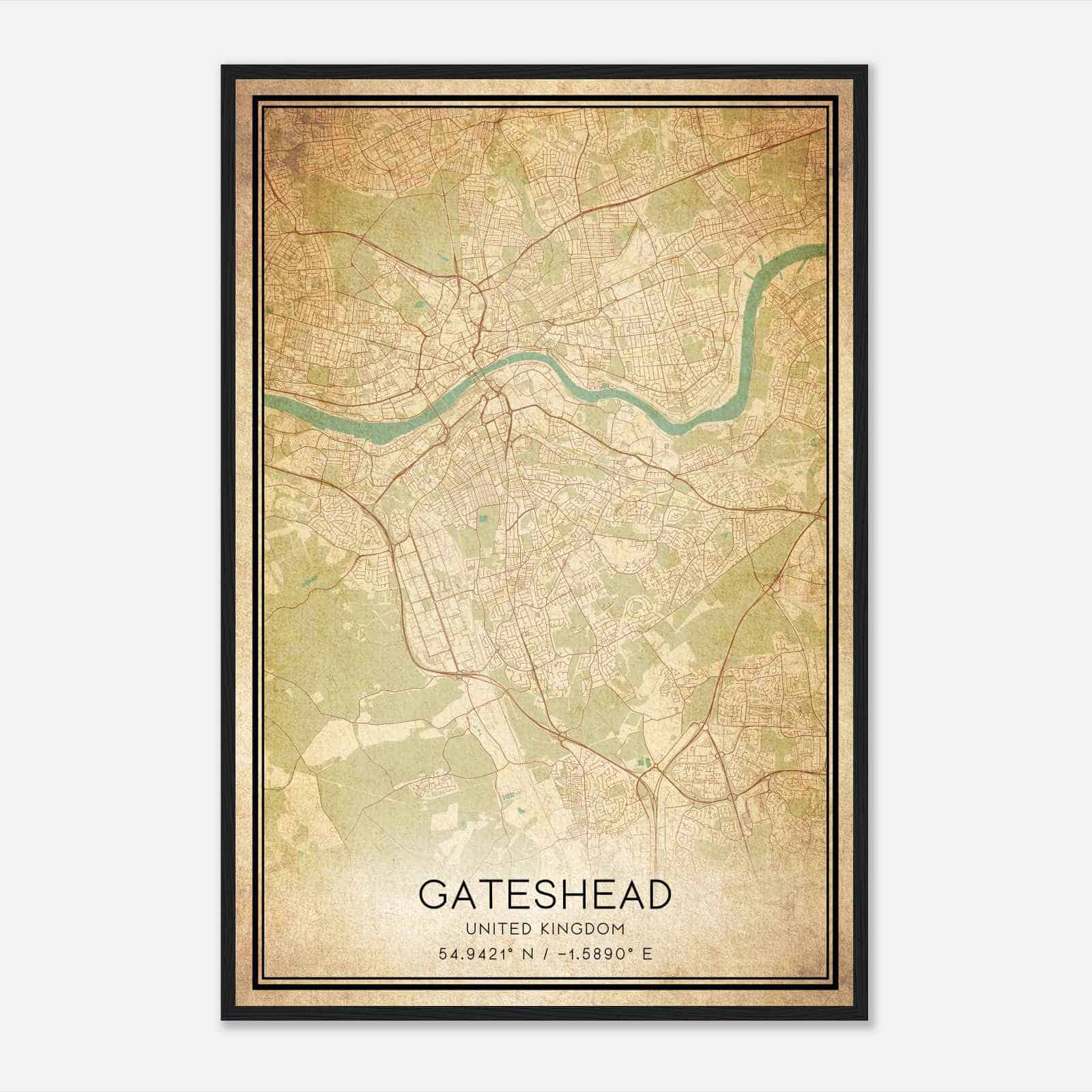Vintage Gateshead United Kingdom Map Poster, Gateshead City Road Wall ...