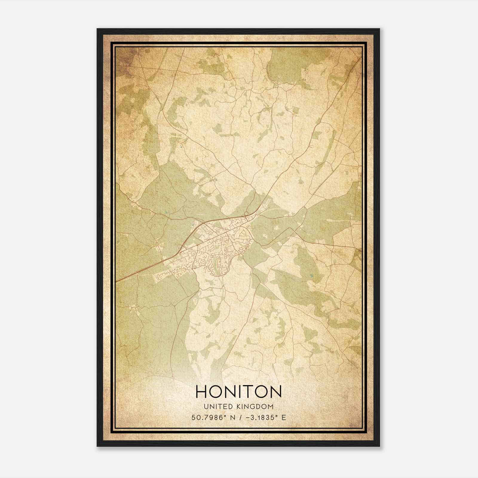 Vintage Honiton United Kingdom Map Poster, Honiton City Road Wall Art ...