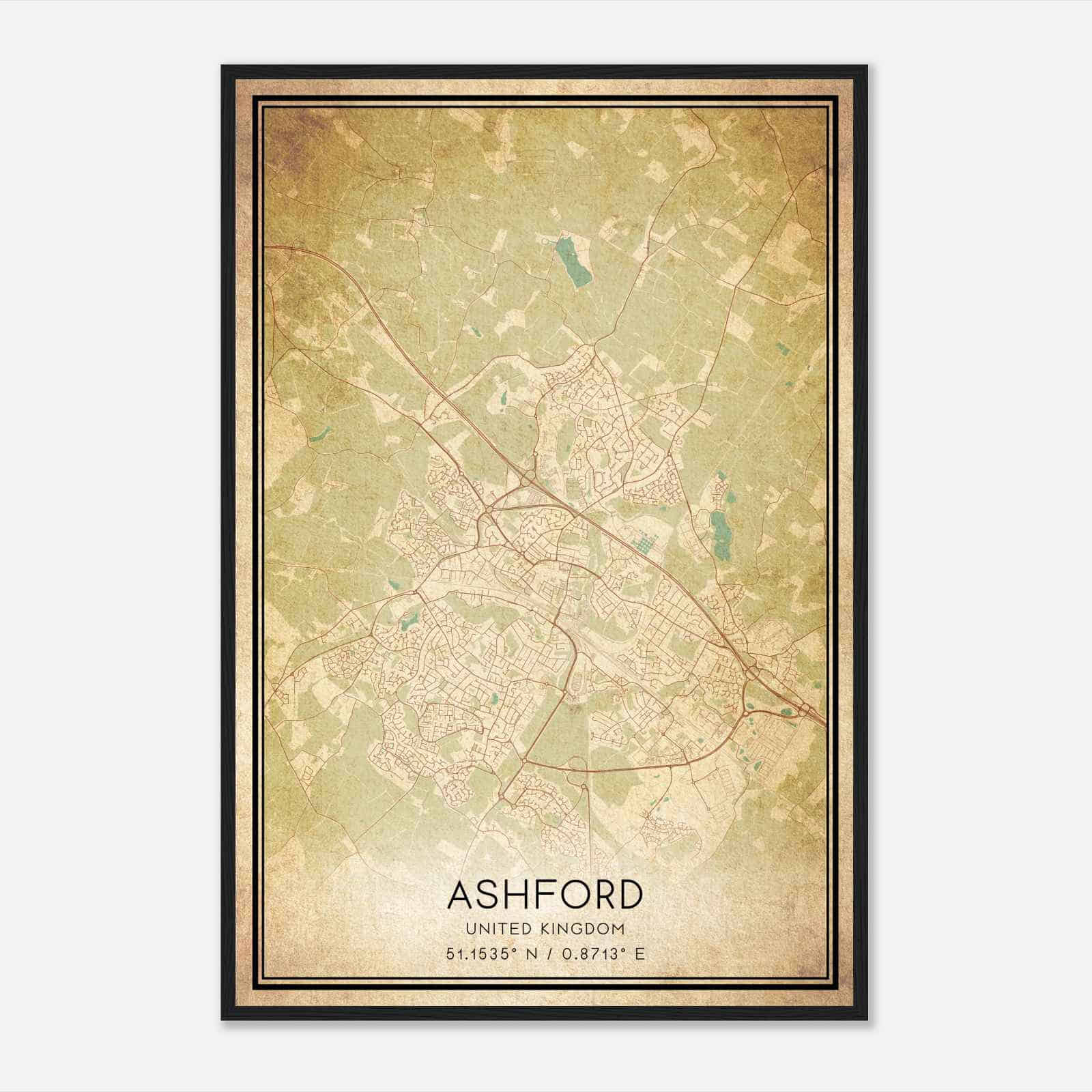 Vintage Ashford United Kingdom Map Poster, Ashford City Road Wall Art ...