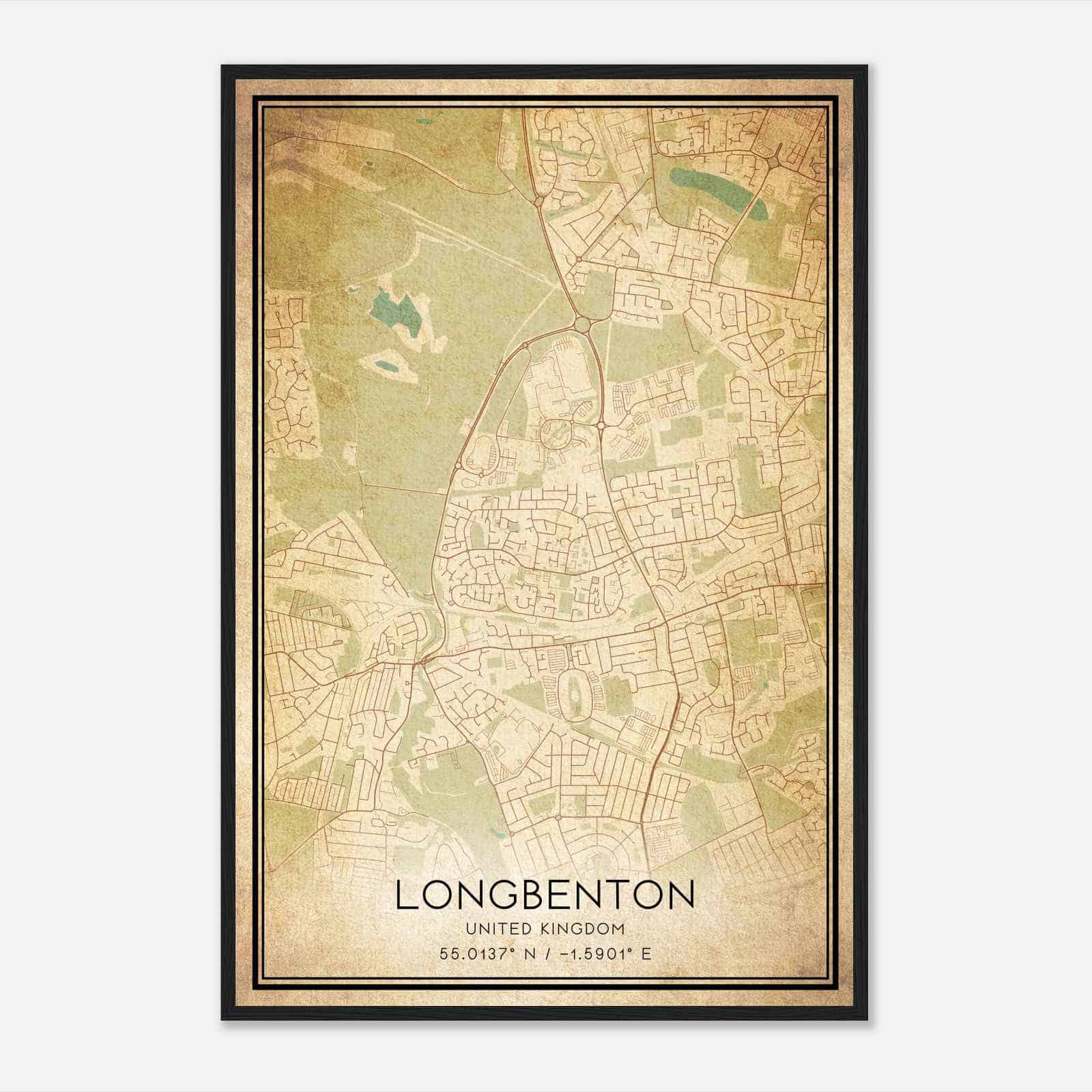 Vintage Longbenton United Kingdom Map Poster, Longbenton City Road Wall ...