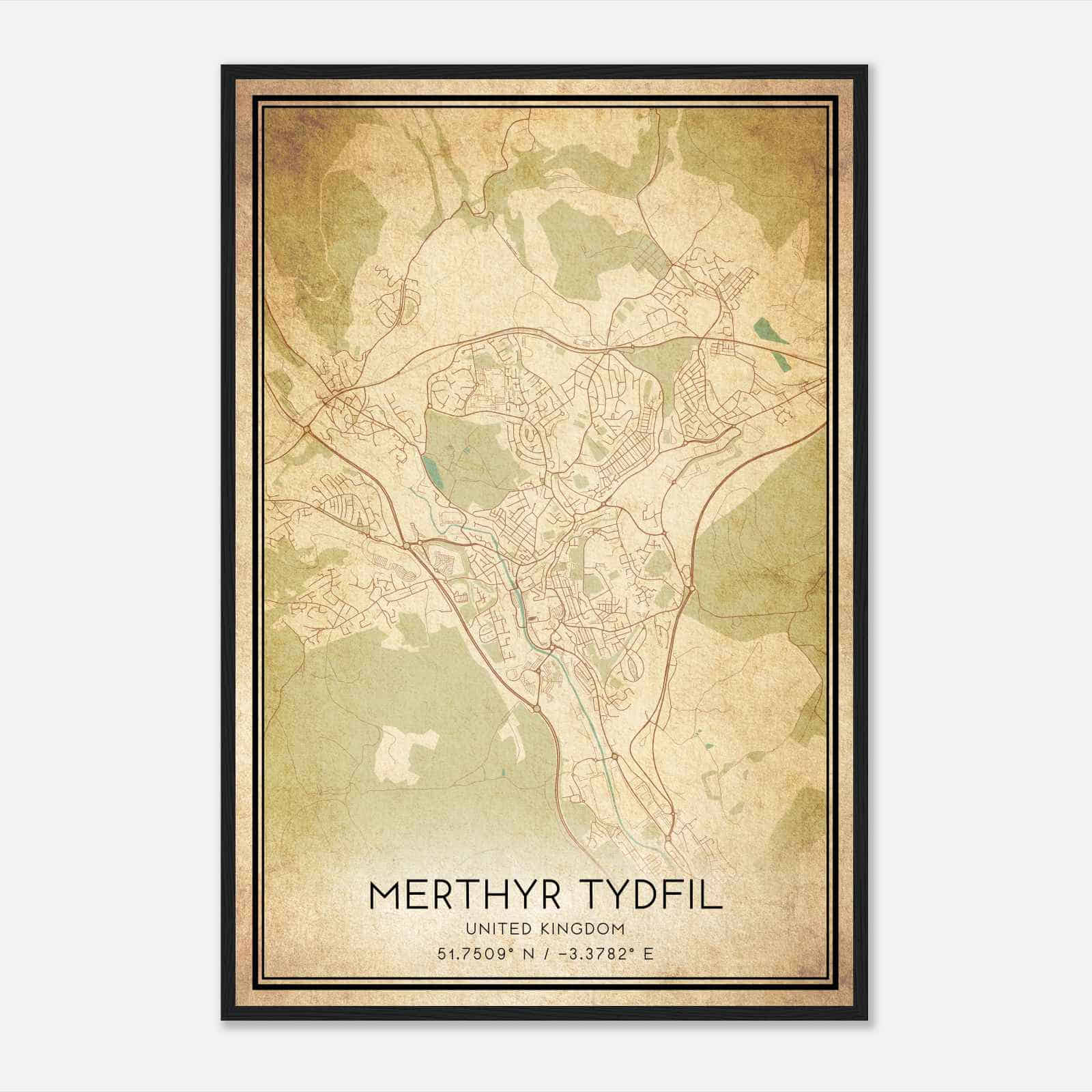 Vintage Merthyr Tudful United Kingdom Map Poster, Merthyr Tudful City ...