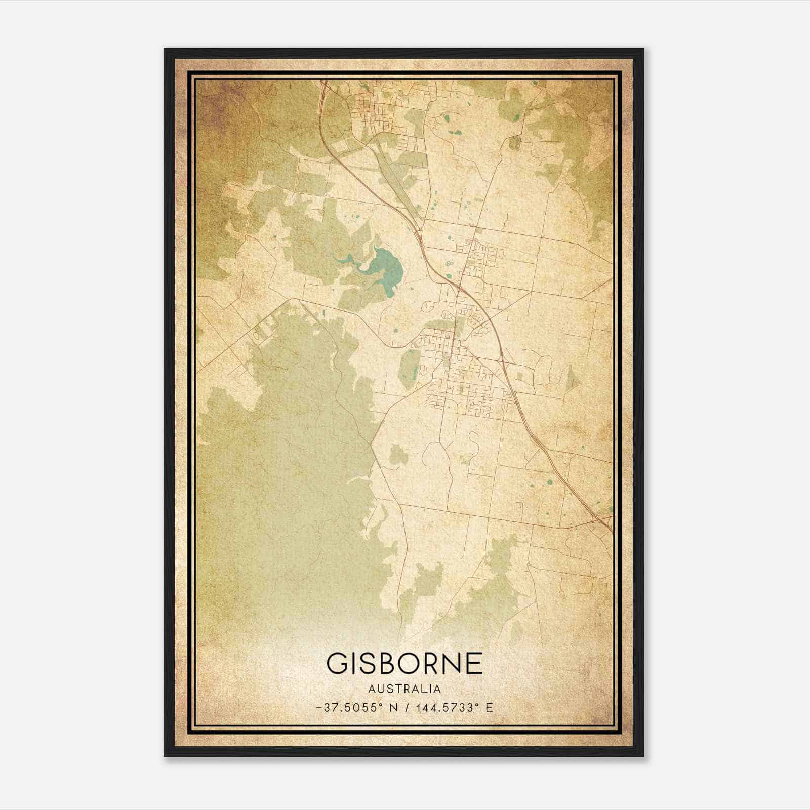Vintage Gisborne Australia Map Poster, Gisborne City Road Wall Art ...