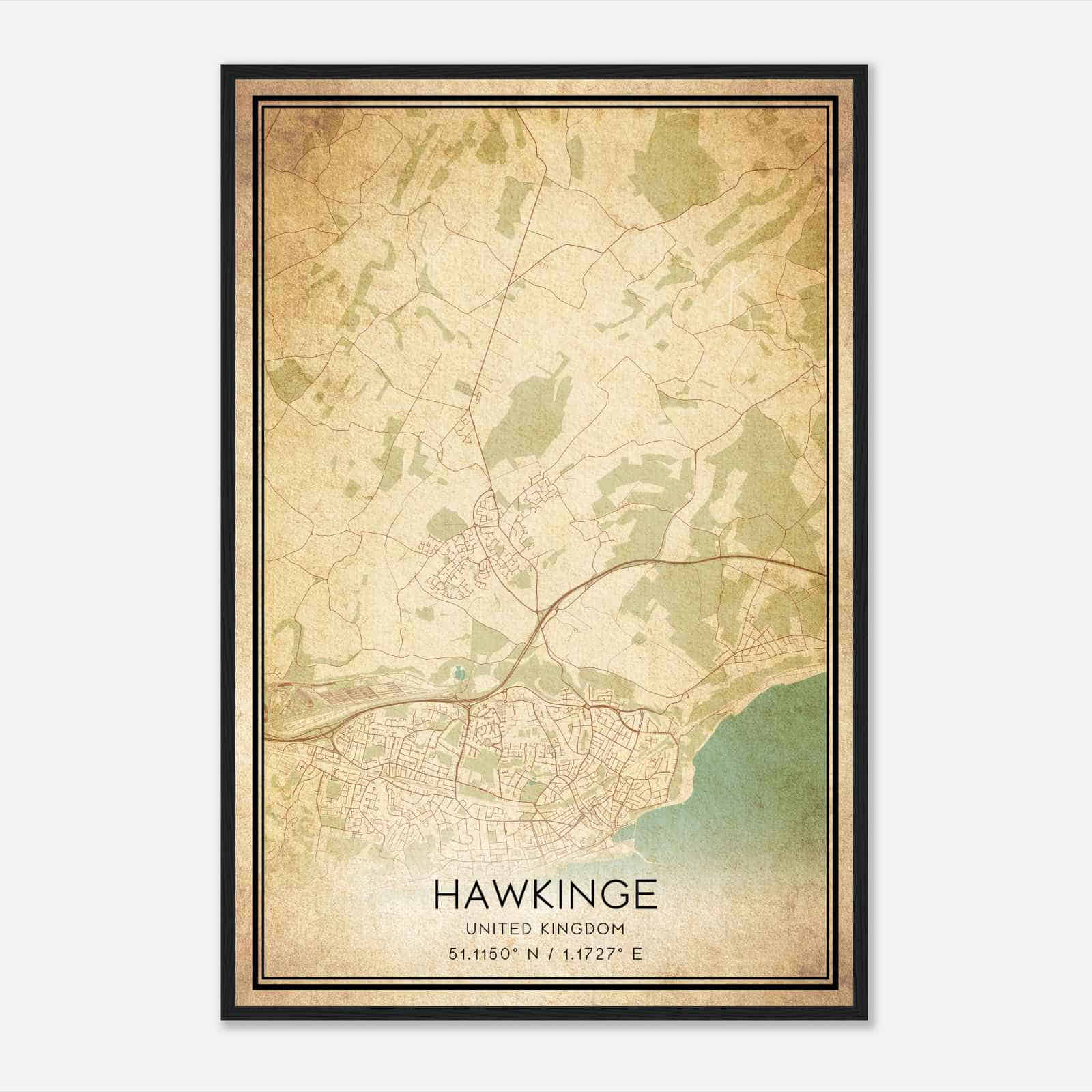 Vintage Hawkinge United Kingdom Map Poster, Hawkinge City Road Wall Art ...
