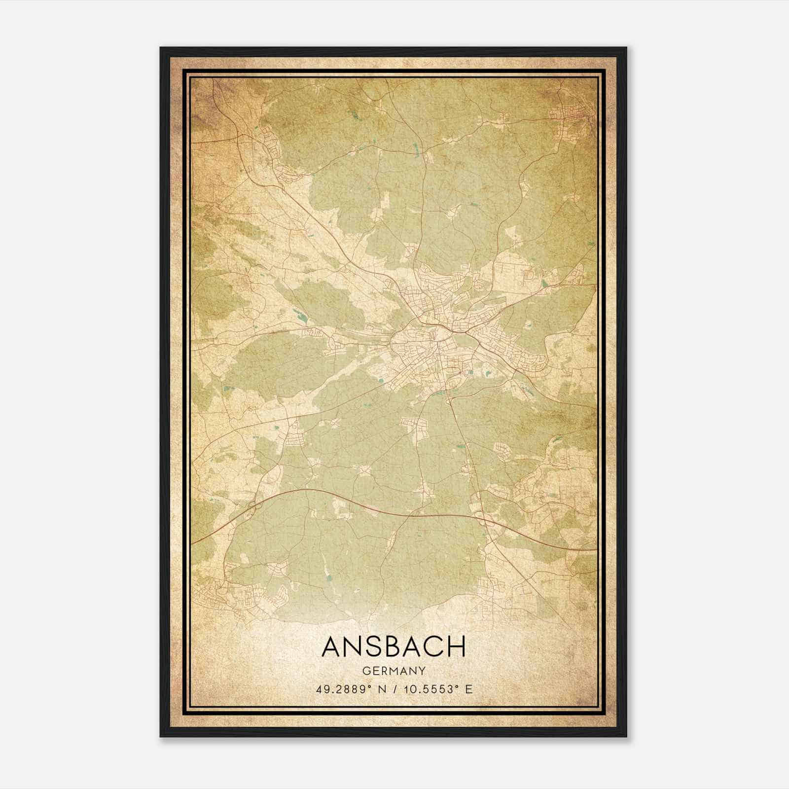 Vintage Ansbach Germany Map Poster, Ansbach City Road Wall Art Print ...