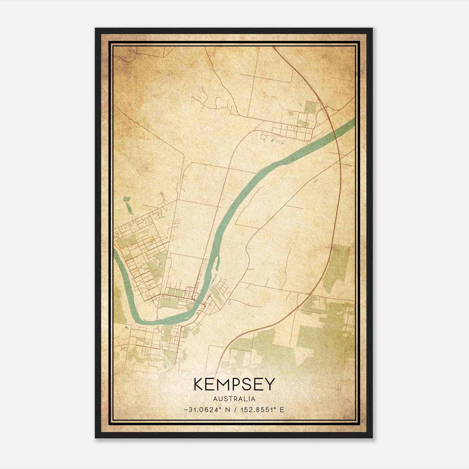 Vintage Kempsey Australia Map Poster, Kempsey City Road Wall Art Print ...