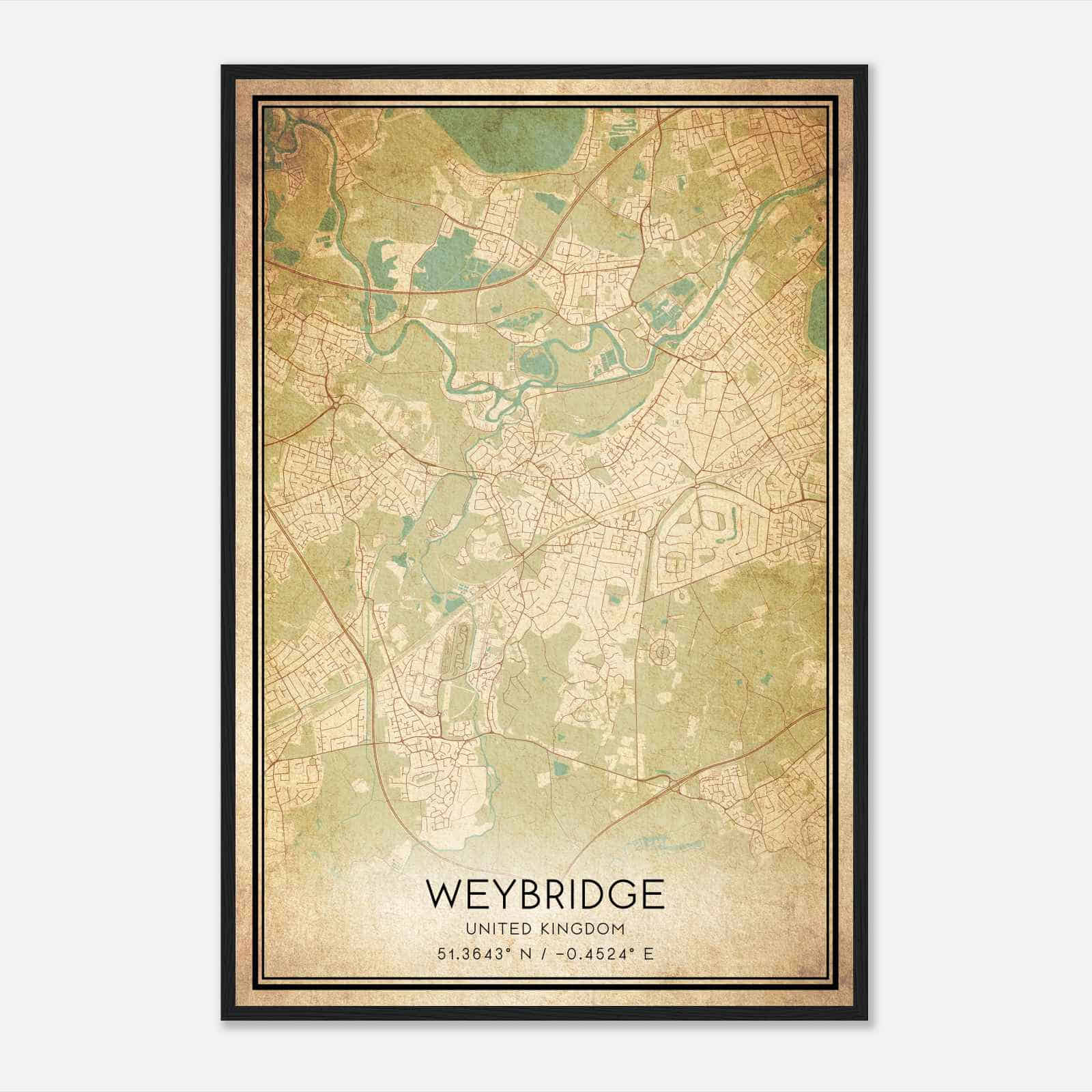 Vintage Weybridge United Kingdom Map Poster, Weybridge City Road Wall ...