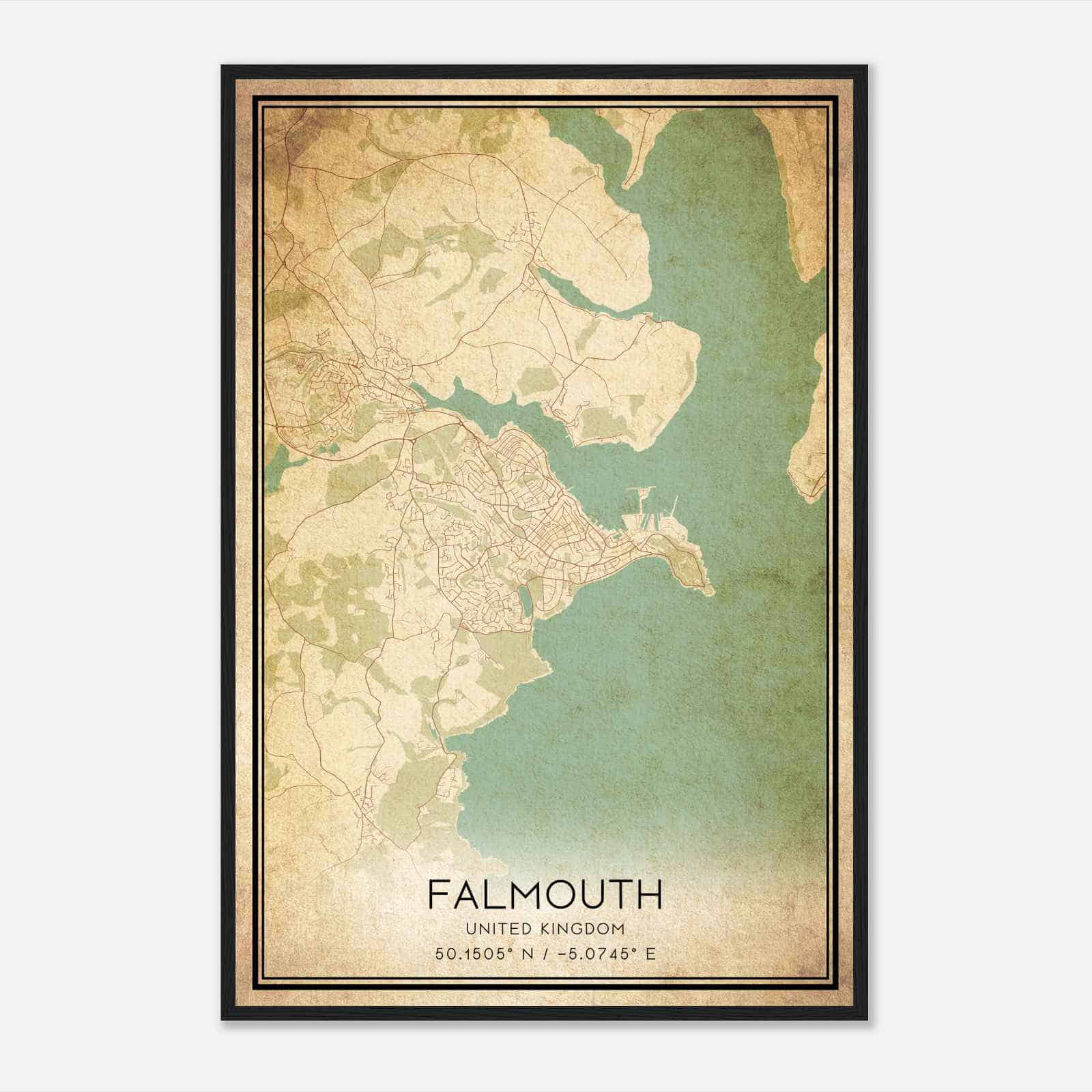 Vintage Falmouth United Kingdom Map Poster, Falmouth City Road Wall Art ...