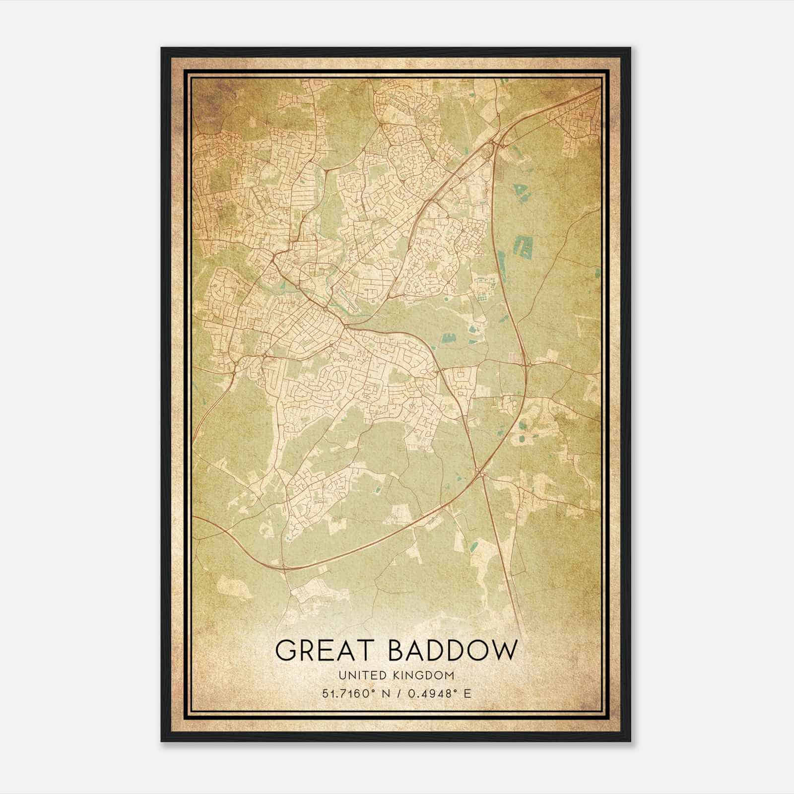 Vintage Great Baddow United Kingdom Map Poster, Great Baddow City Road ...