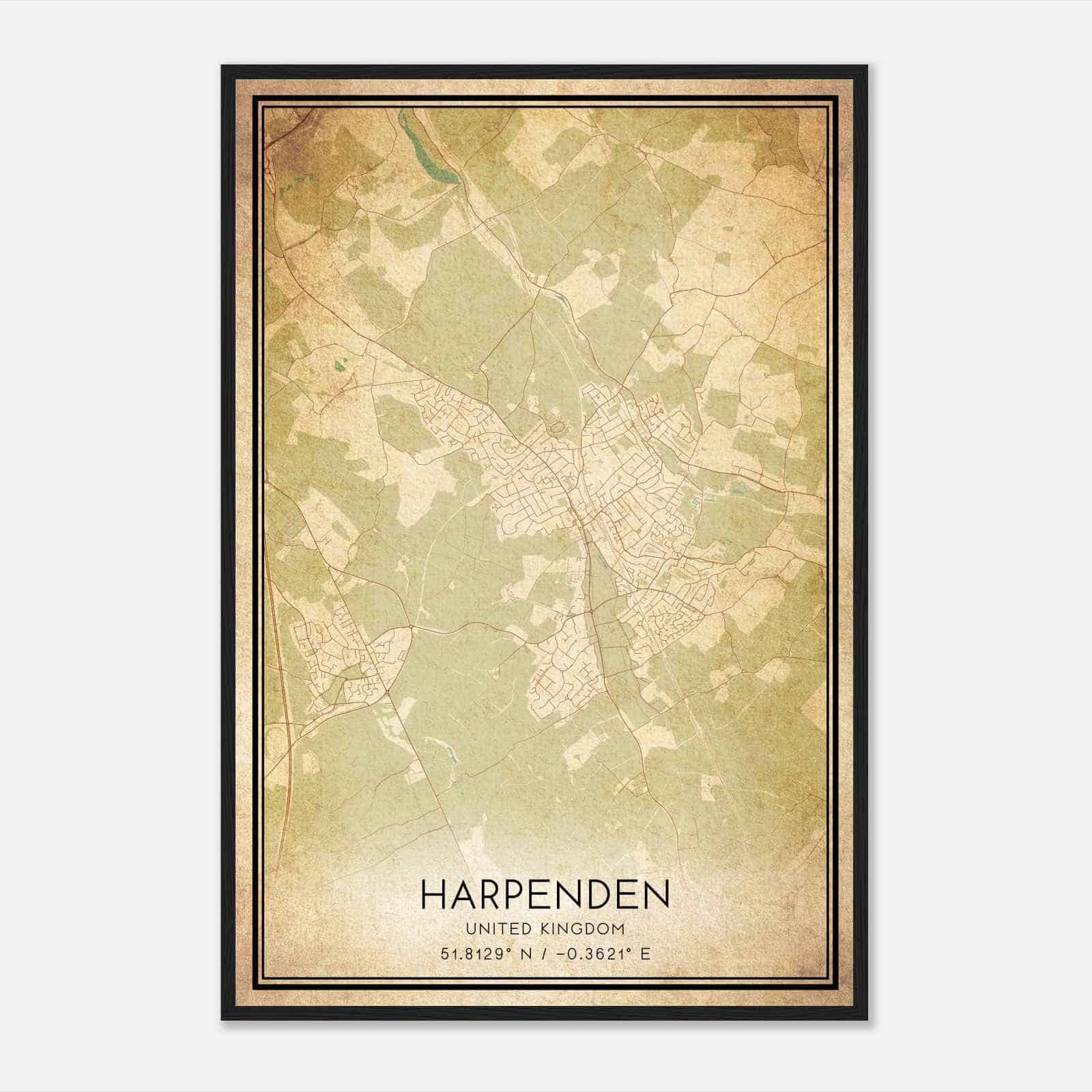 Vintage Harpenden United Kingdom Map Poster, Harpenden City Road Wall ...