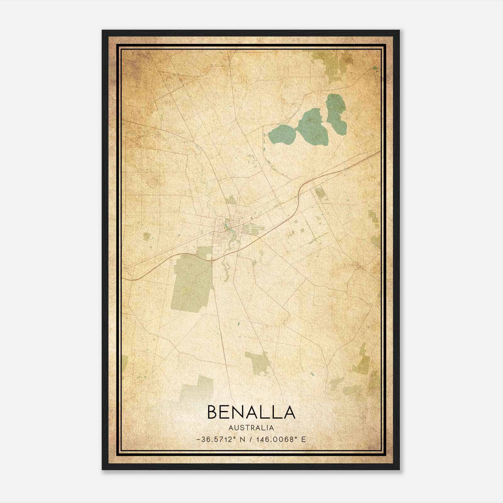 Vintage Benalla Australia Map Poster, Benalla City Road Wall Art Print ...