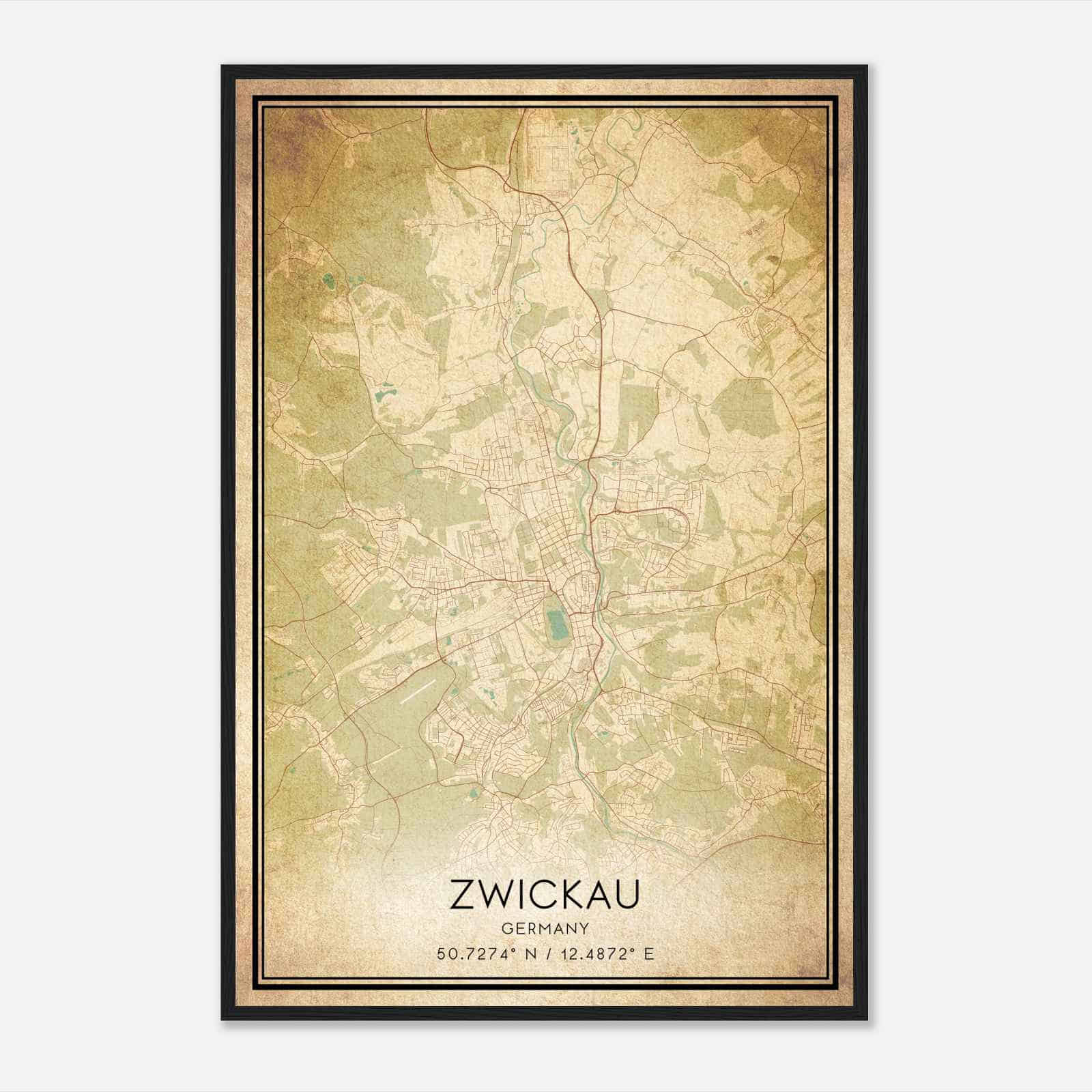 Vintage Zwickau Germany Map Poster, Zwickau City Road Wall Art Print - Custom Maps & Posters