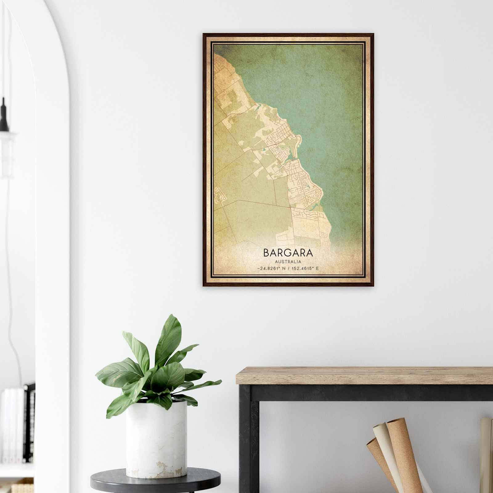 Vintage Bargara Australia Map Poster, Bargara City Road Wall Art Print ...