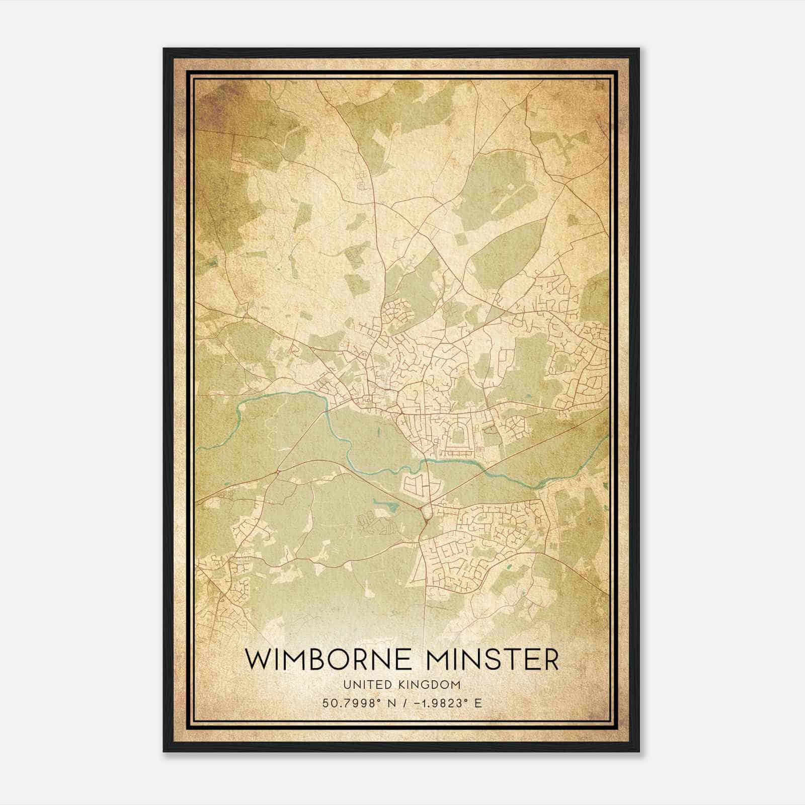 Vintage Wimborne Minster United Kingdom Map Poster, Wimborne Minster ...