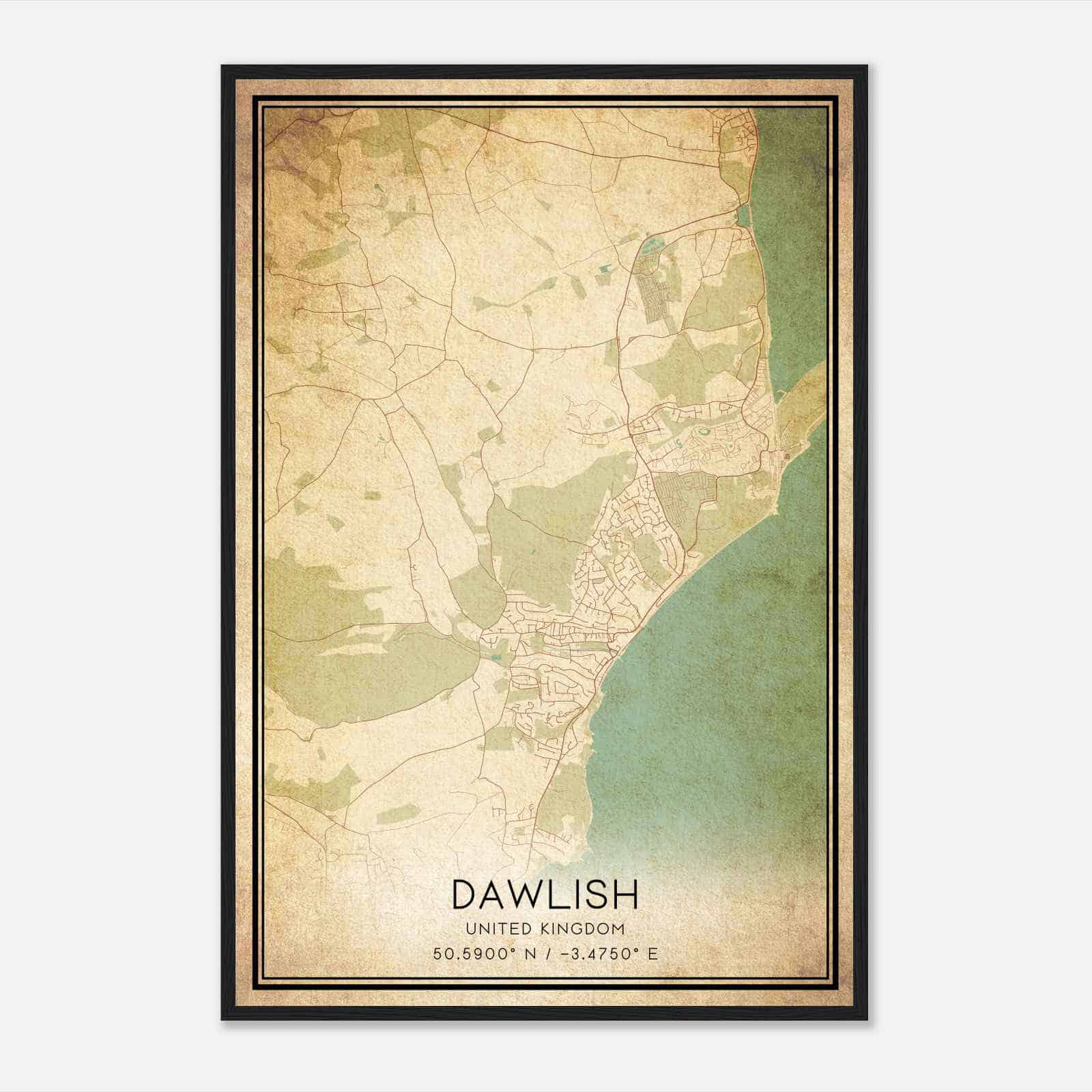 Vintage Dawlish United Kingdom Map Poster, Dawlish City Road Wall Art ...