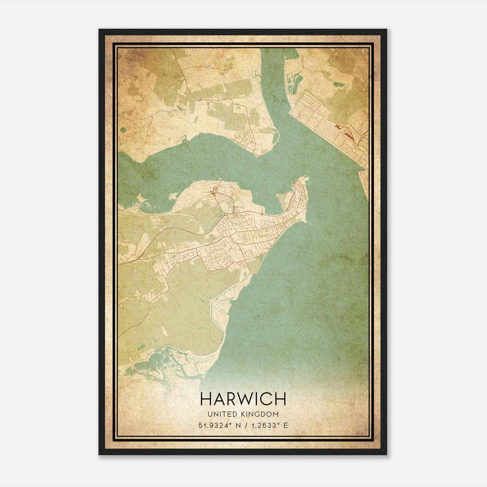 Vintage Harwich United Kingdom Map Poster, Harwich City Road Wall Art Print - Custom Maps & Posters