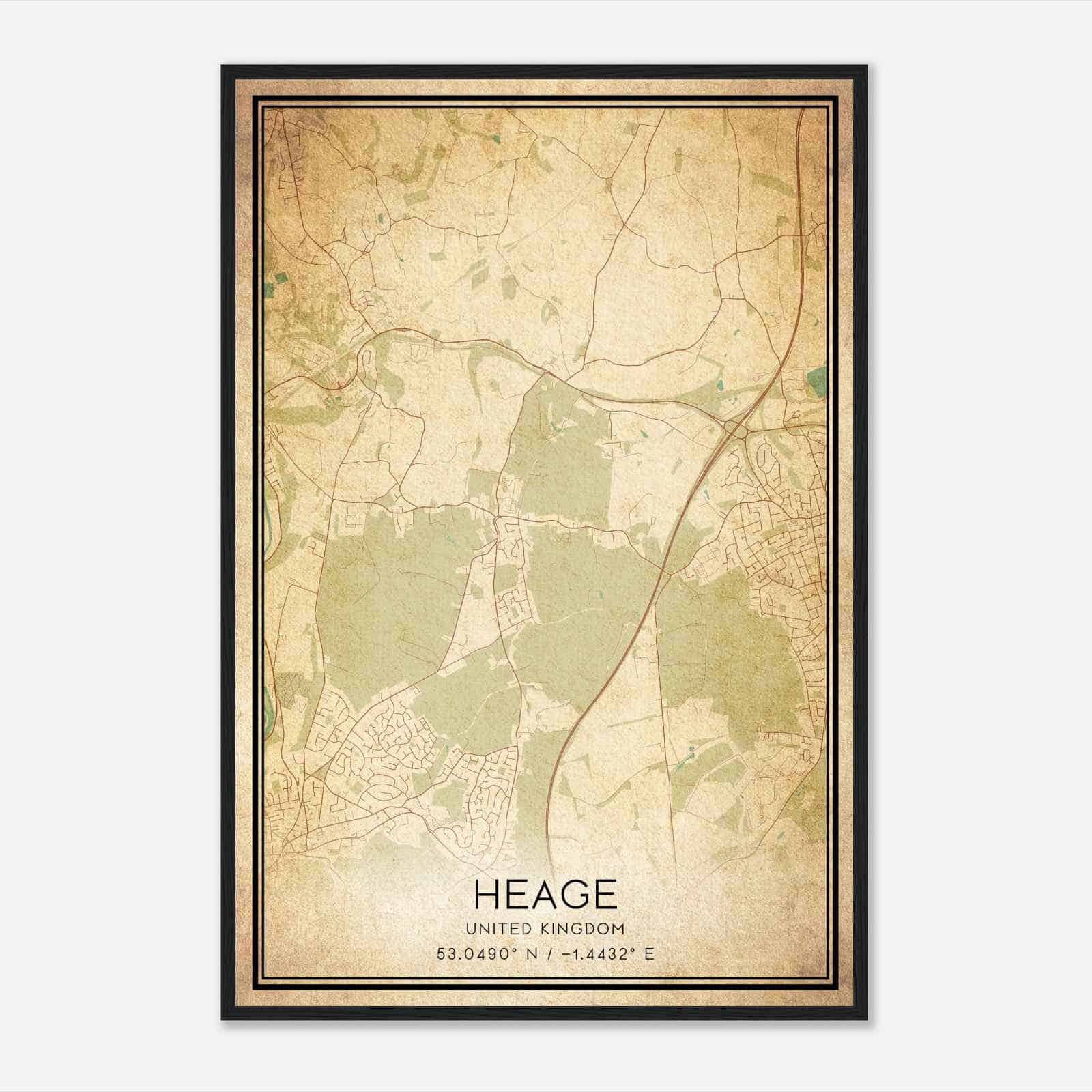 Vintage Heage United Kingdom Map Poster, Heage City Road Wall Art Print ...