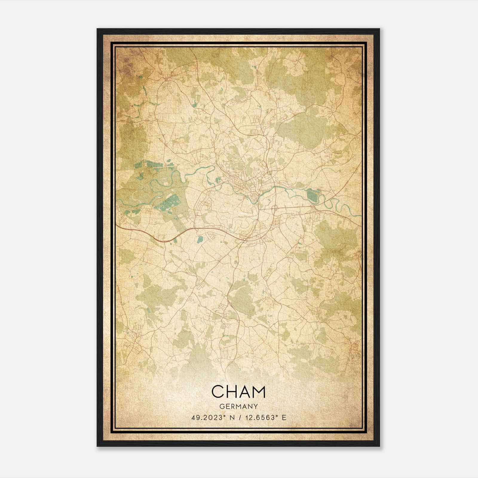Vintage Cham Germany Map Poster, Cham City Road Wall Art Print - Custom ...