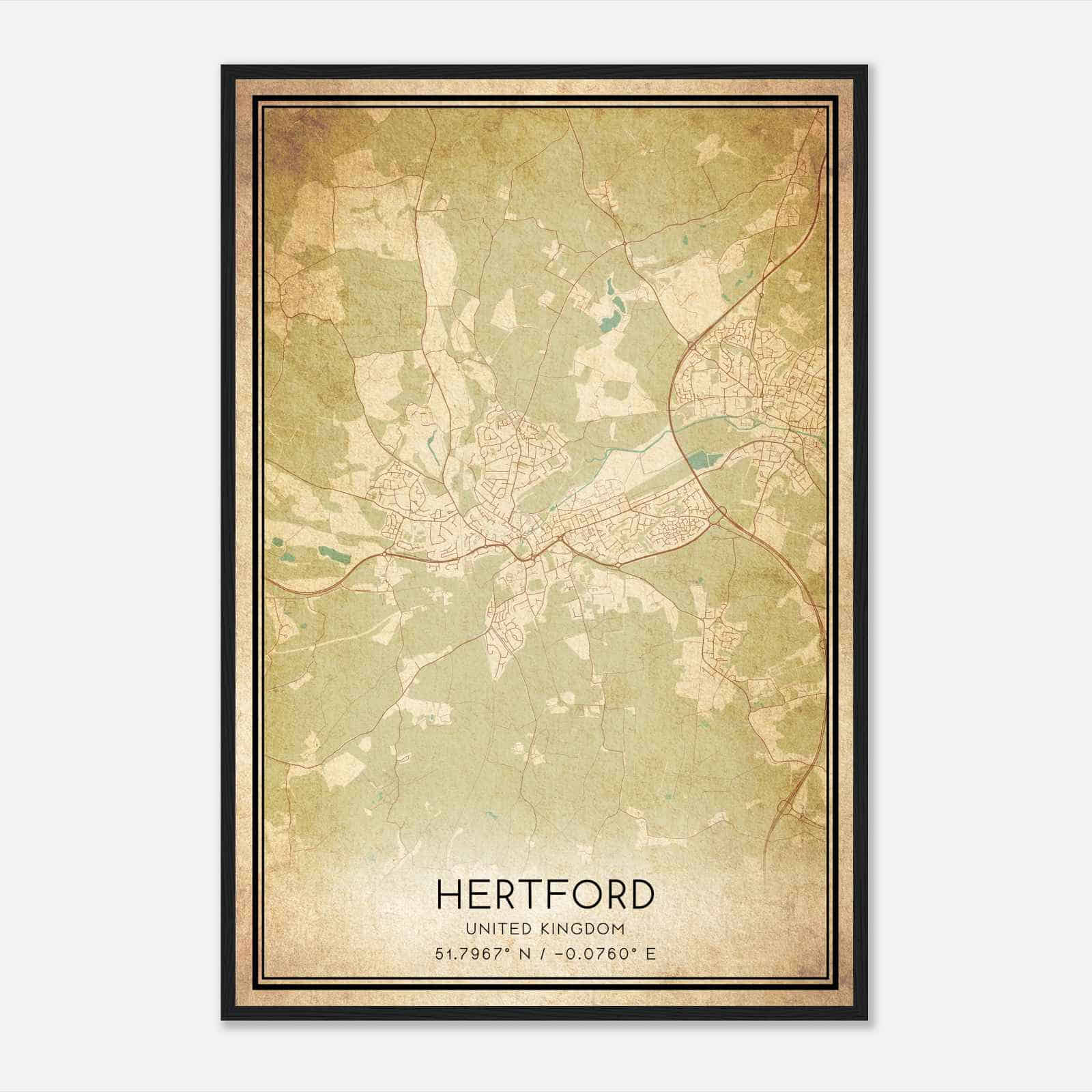 Vintage Hertford United Kingdom Map Poster, Hertford City Road Wall Art ...
