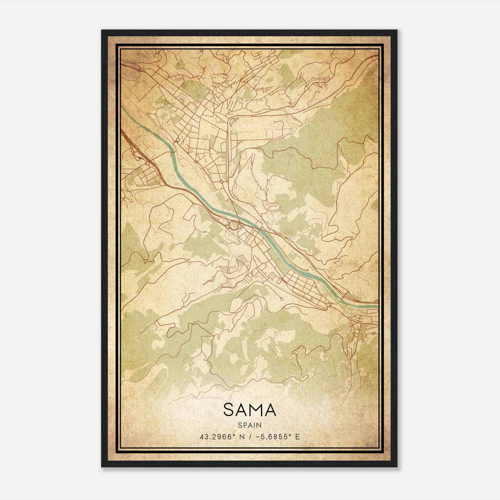 Vintage Sama Spain Map Poster, Sama City Road Wall Art Print - Custom ...