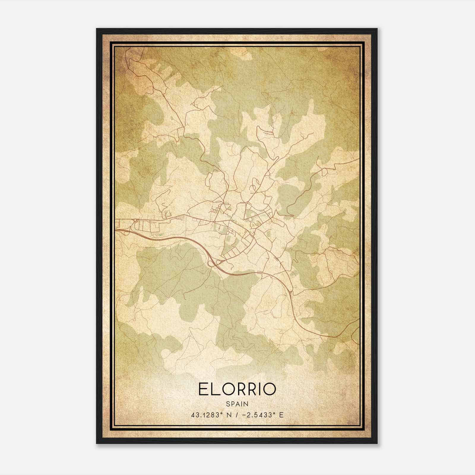 Vintage Elorrio Spain Map Poster, Elorrio City Road Wall Art Print ...