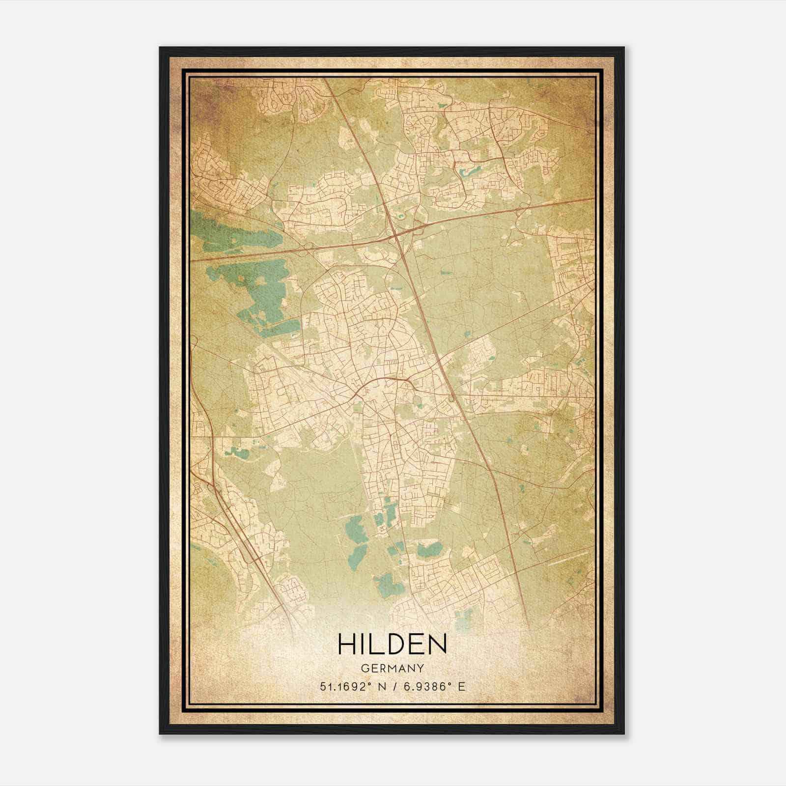Vintage Hilden Germany Map Poster, Hilden City Road Wall Art Print ...