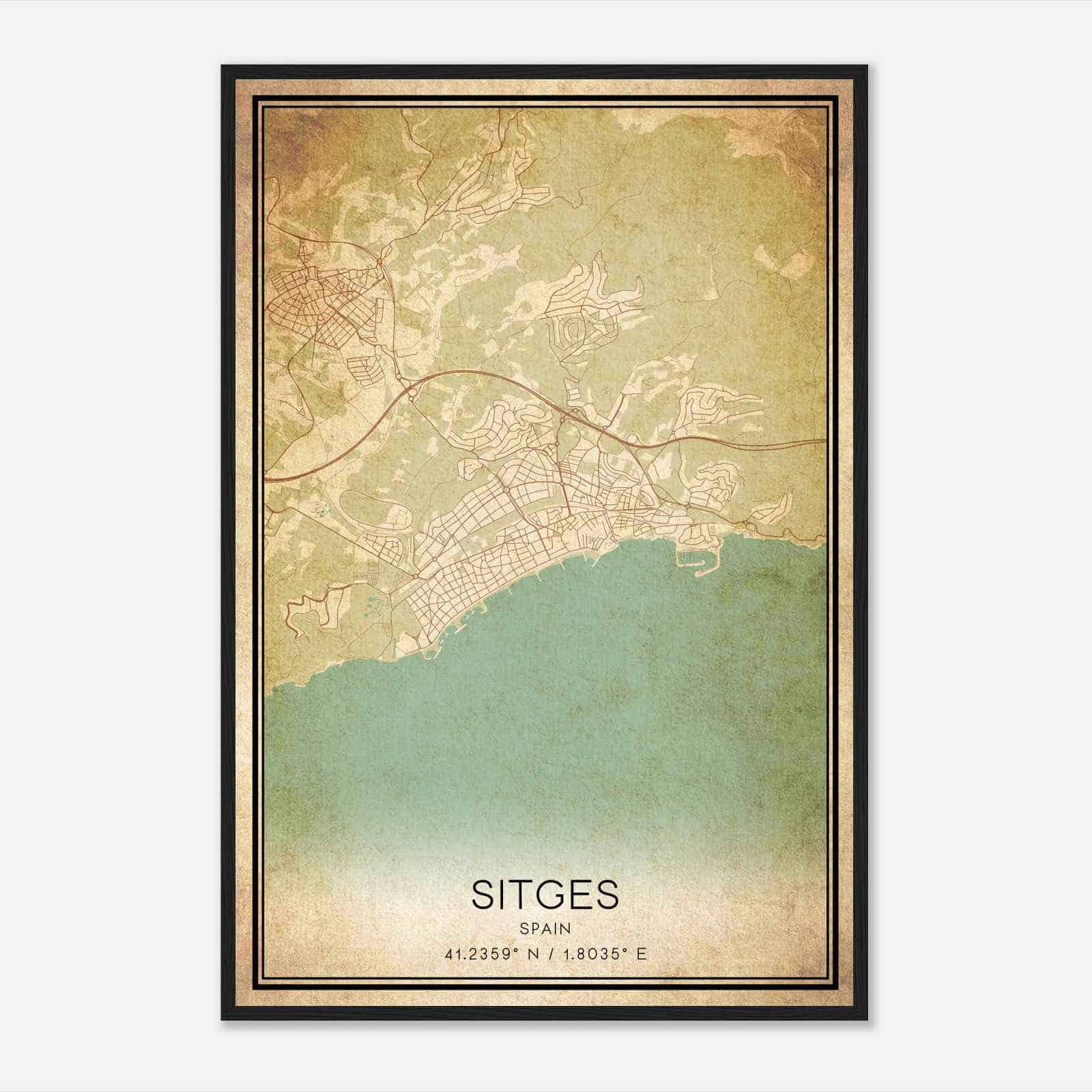 Vintage Sitges Spain Map Poster, Sitges City Road Wall Art Print ...
