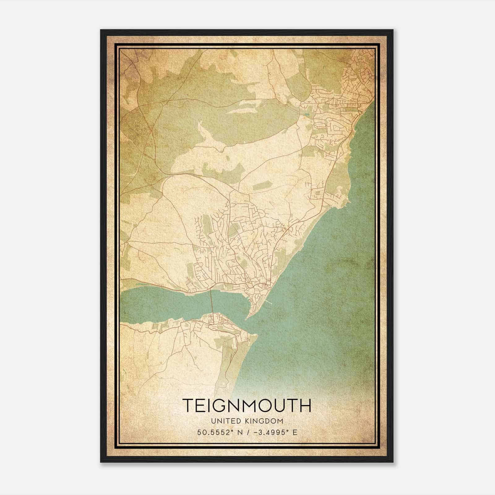 Vintage Teignmouth United Kingdom Map Poster, Teignmouth City Road Wall ...