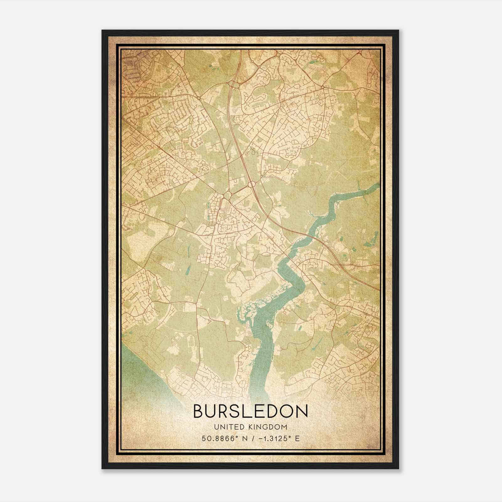 Vintage Bursledon United Kingdom Map Poster, Bursledon City Road Wall Art Print - Custom Maps ...