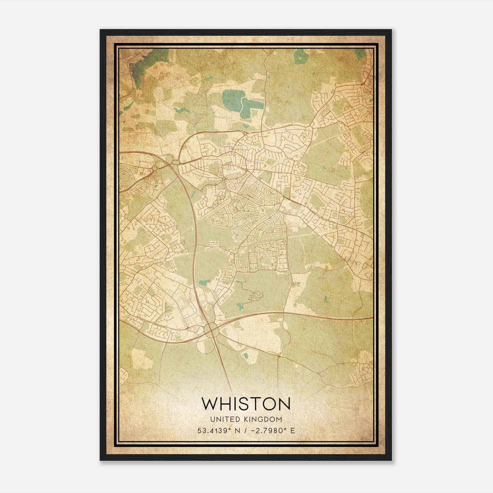 Vintage Whiston United Kingdom Map Poster, Whiston City Road Wall Art ...