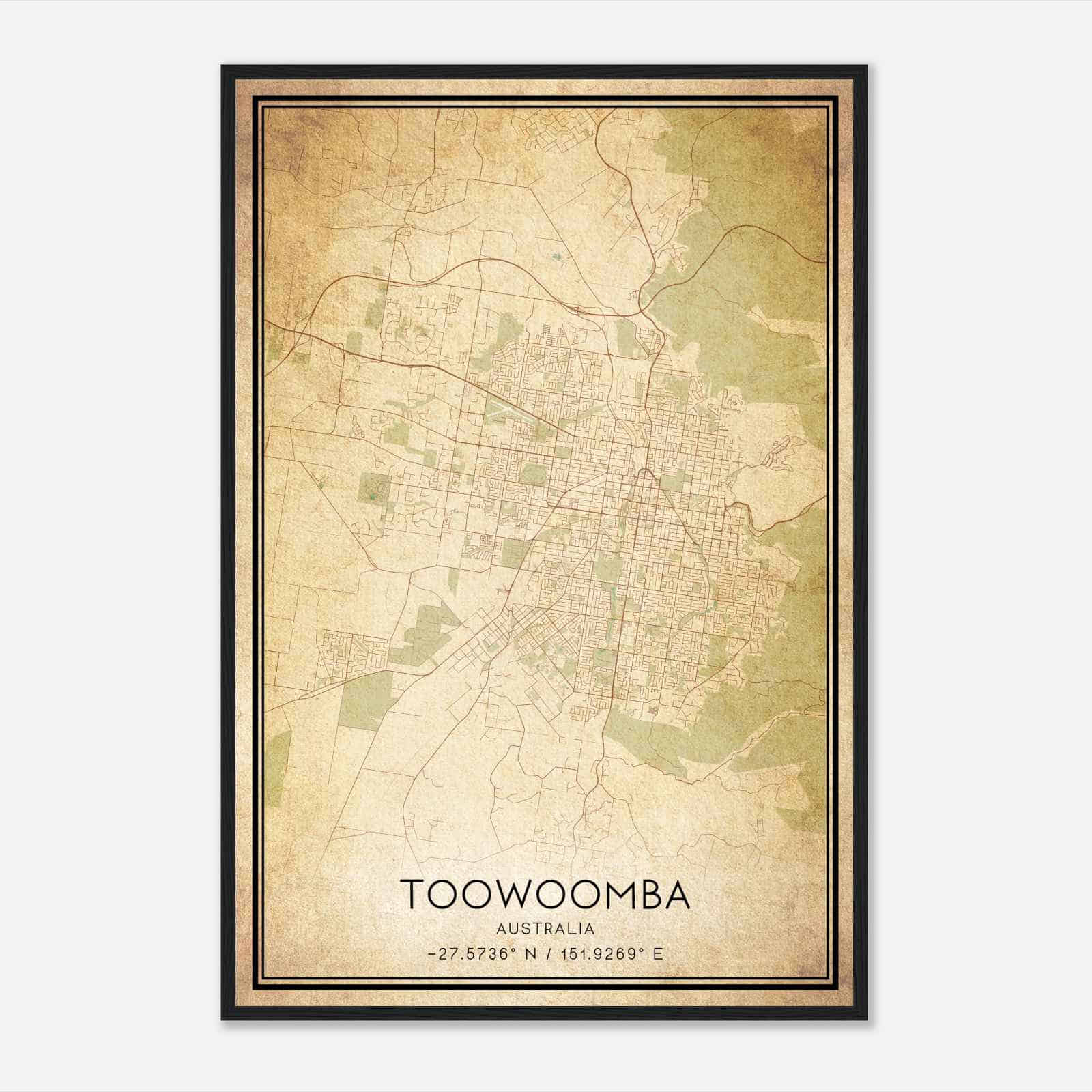 Vintage Toowoomba Australia Map Poster, Toowoomba City Road Wall Art ...