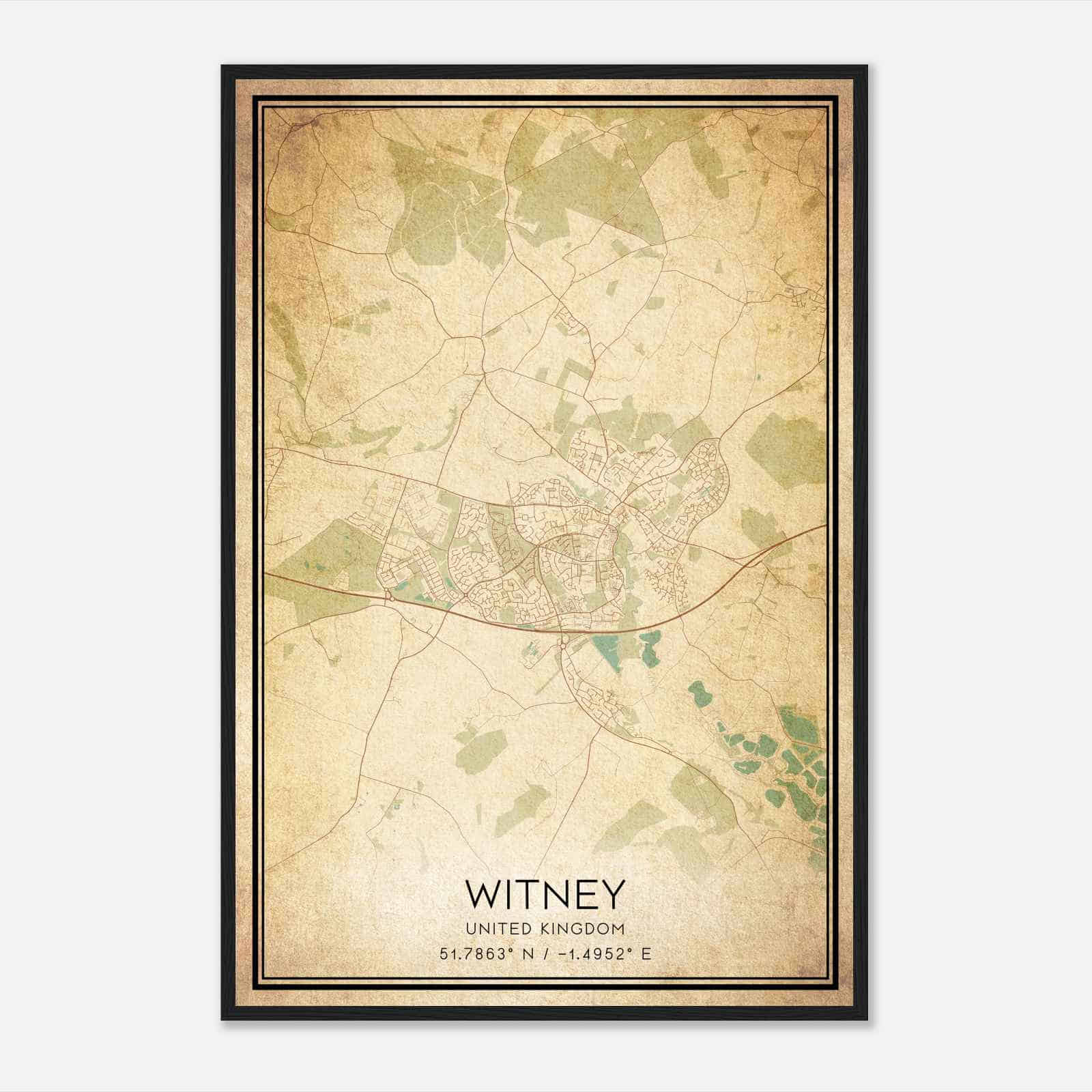 Vintage Witney United Kingdom Map Poster, Witney City Road Wall Art ...