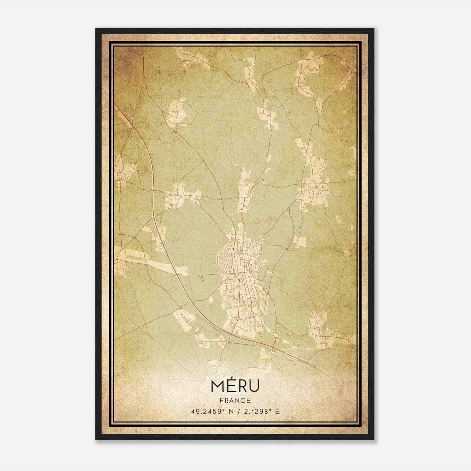 Vintage Meru France Map Poster, Meru City Road Wall Art Print - Custom ...