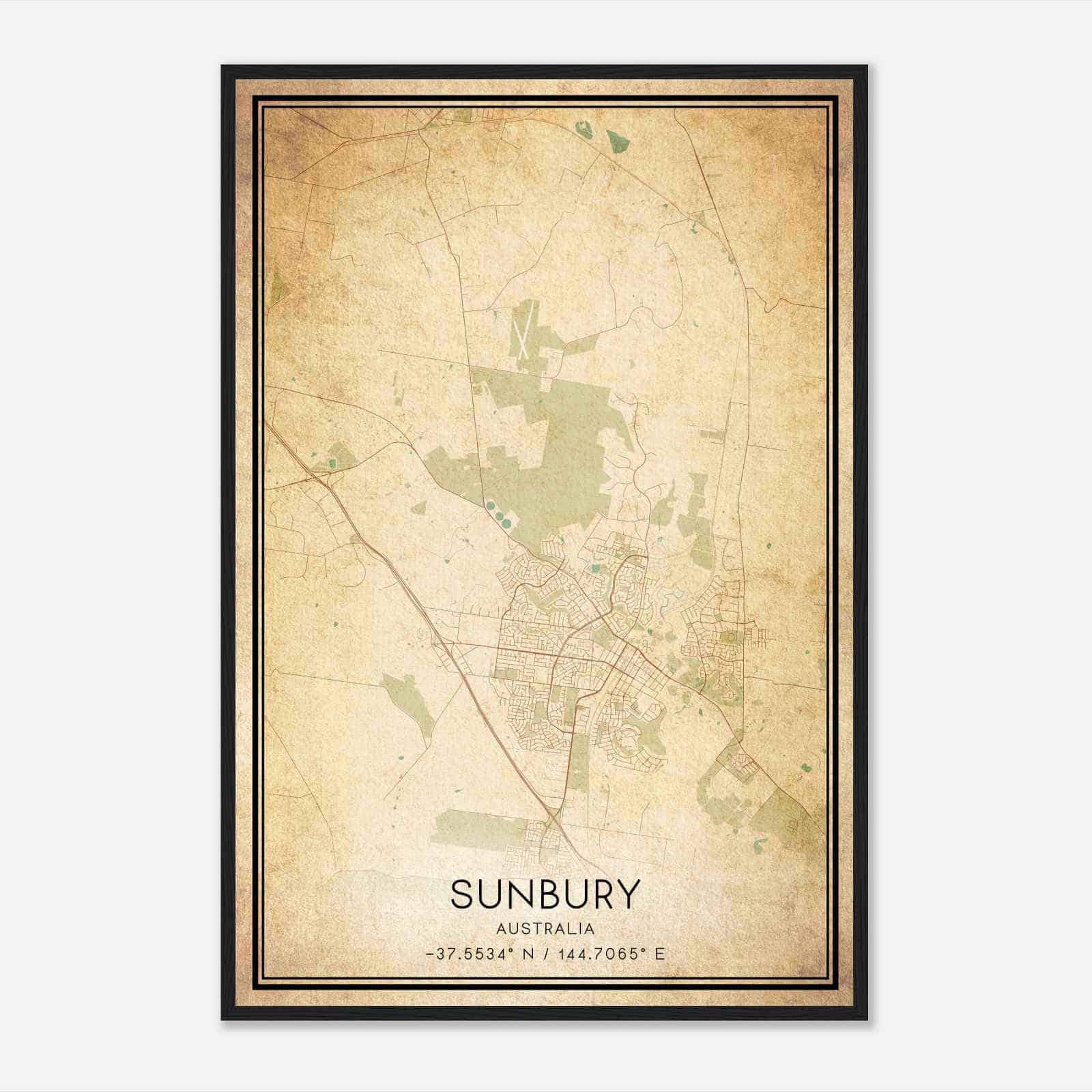 Vintage Sunbury Australia Map Poster, Sunbury City Road Wall Art Print ...