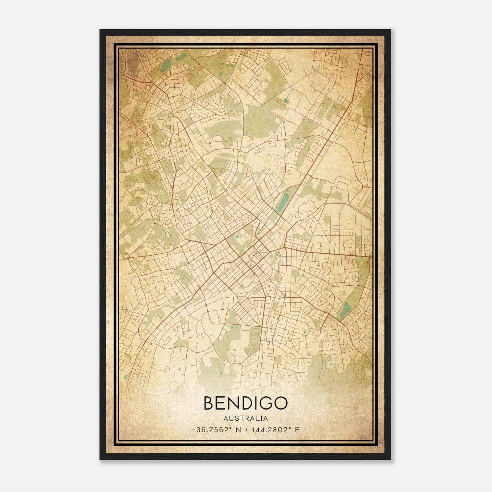 Vintage Bendigo Australia Map Poster, Bendigo City Road Wall Art Print ...