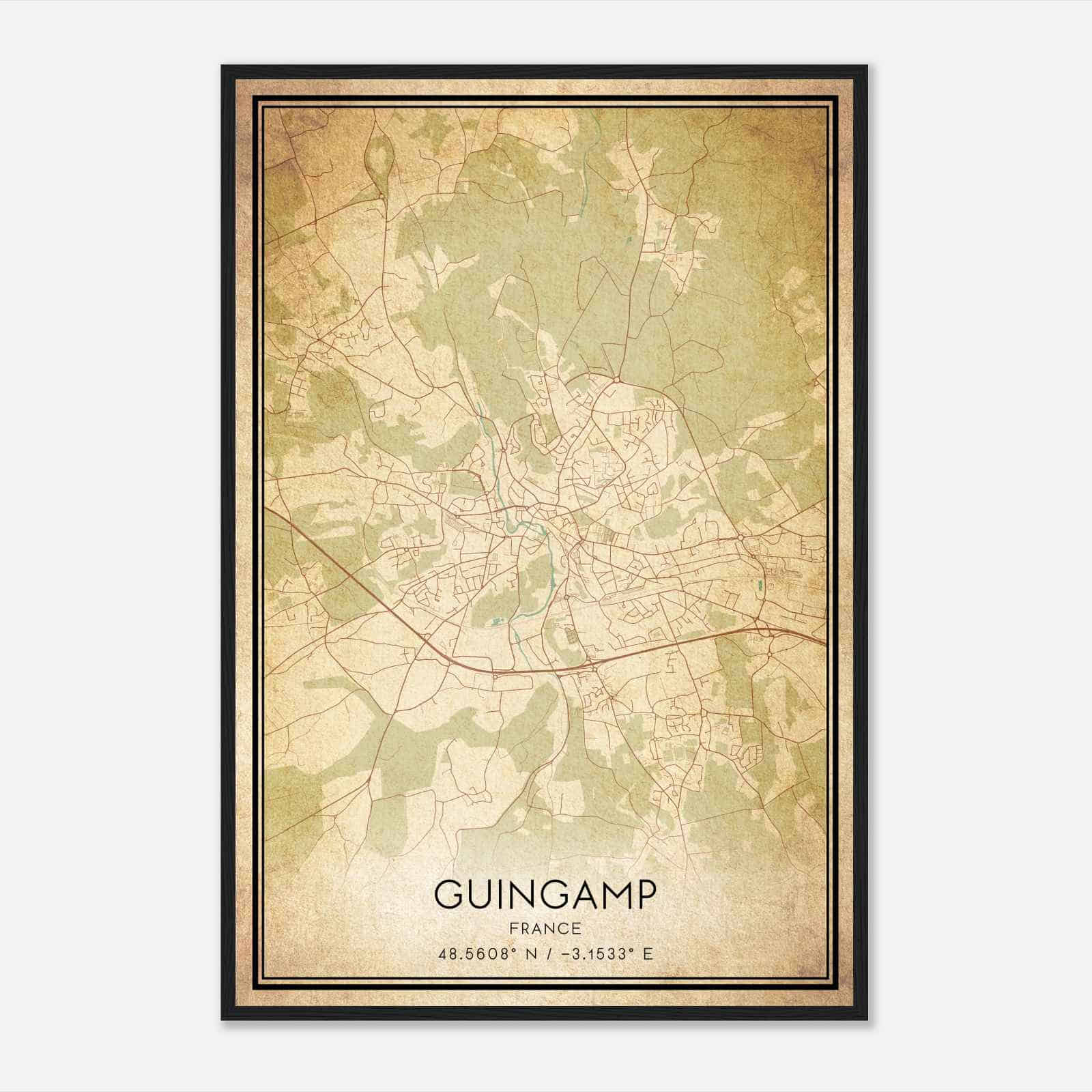 Vintage Guingamp France Map Poster, Guingamp City Road Wall Art Print ...