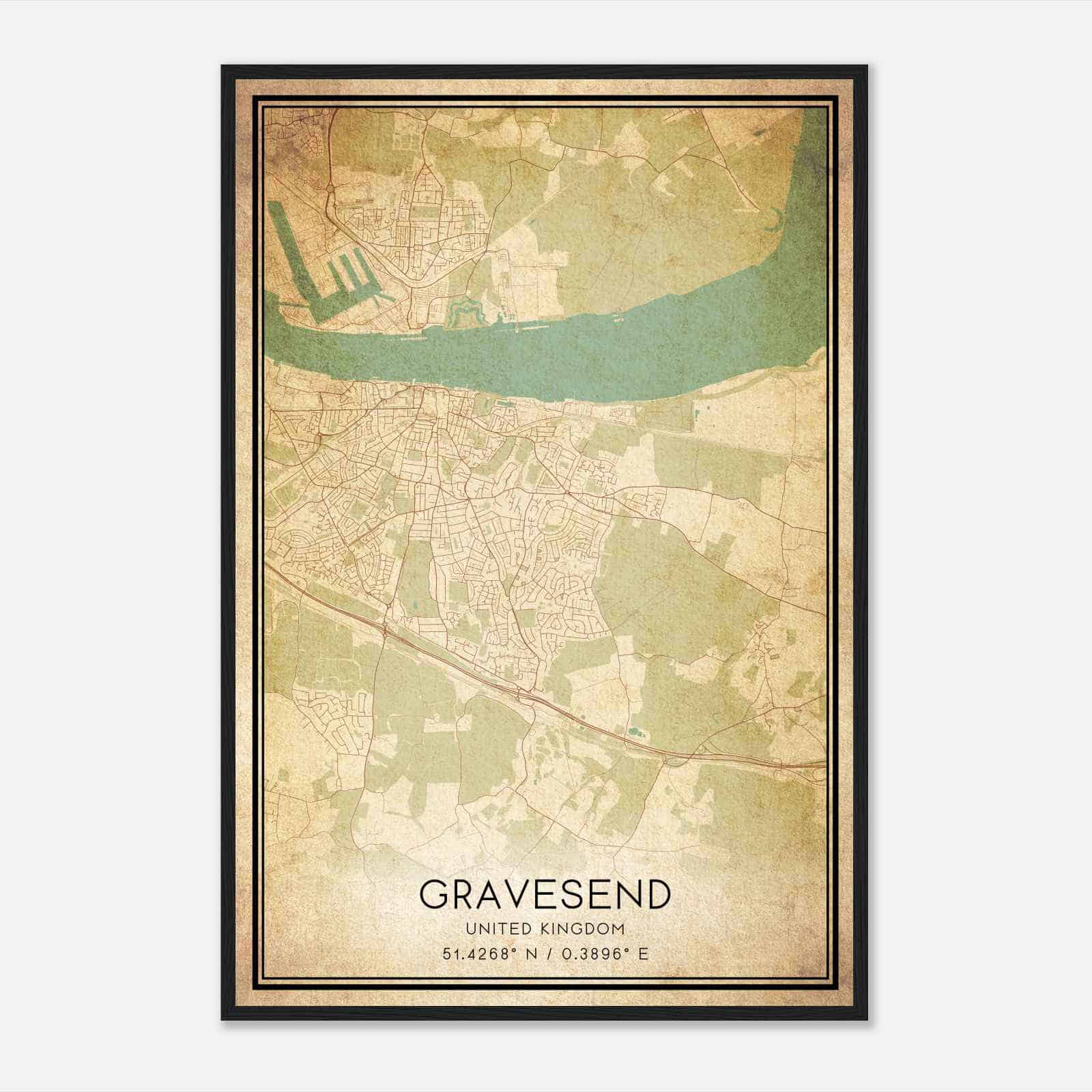 Vintage Gravesend United Kingdom Map Poster, Gravesend City Road Wall ...