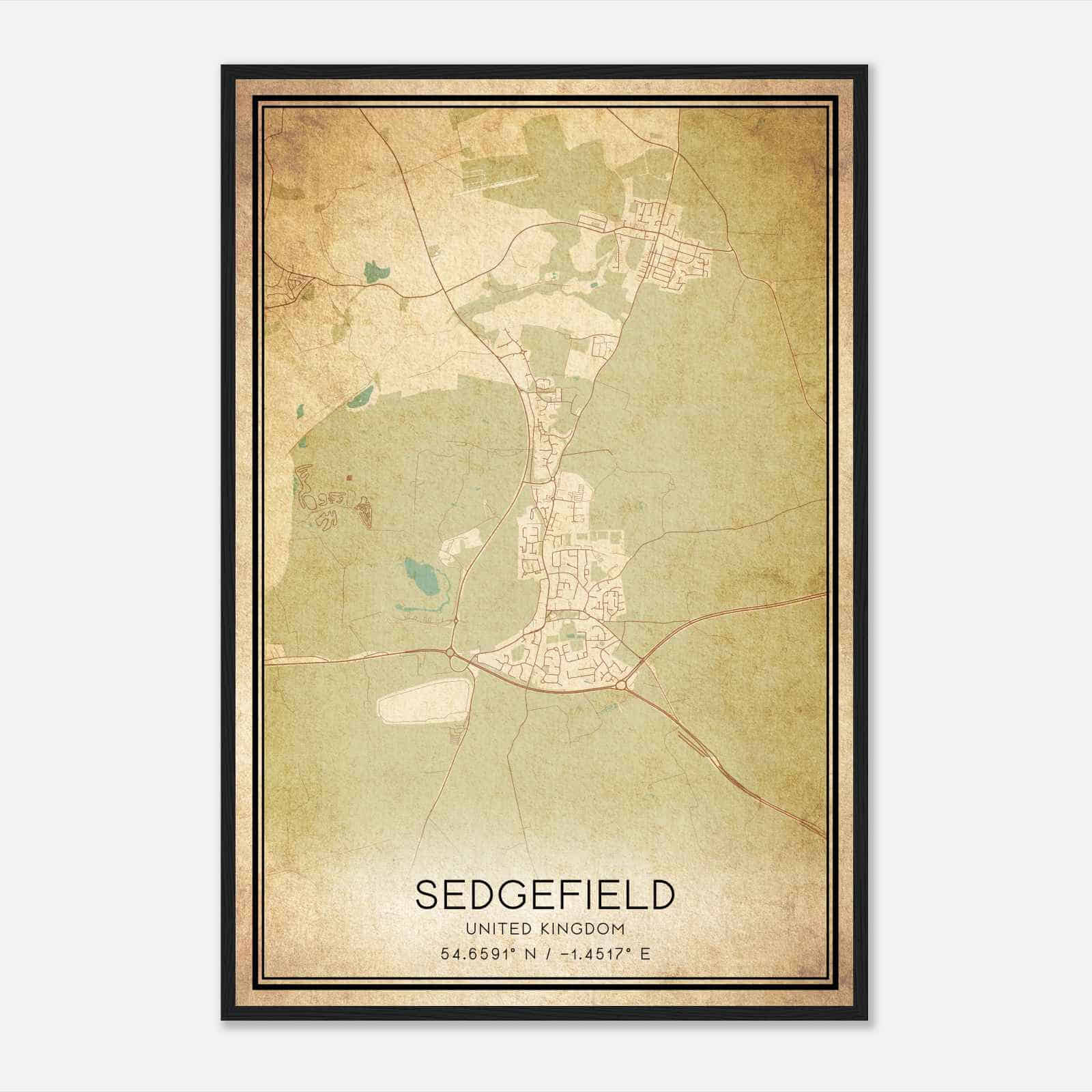 Vintage Sedgefield United Kingdom Map Poster, Sedgefield City Road Wall ...