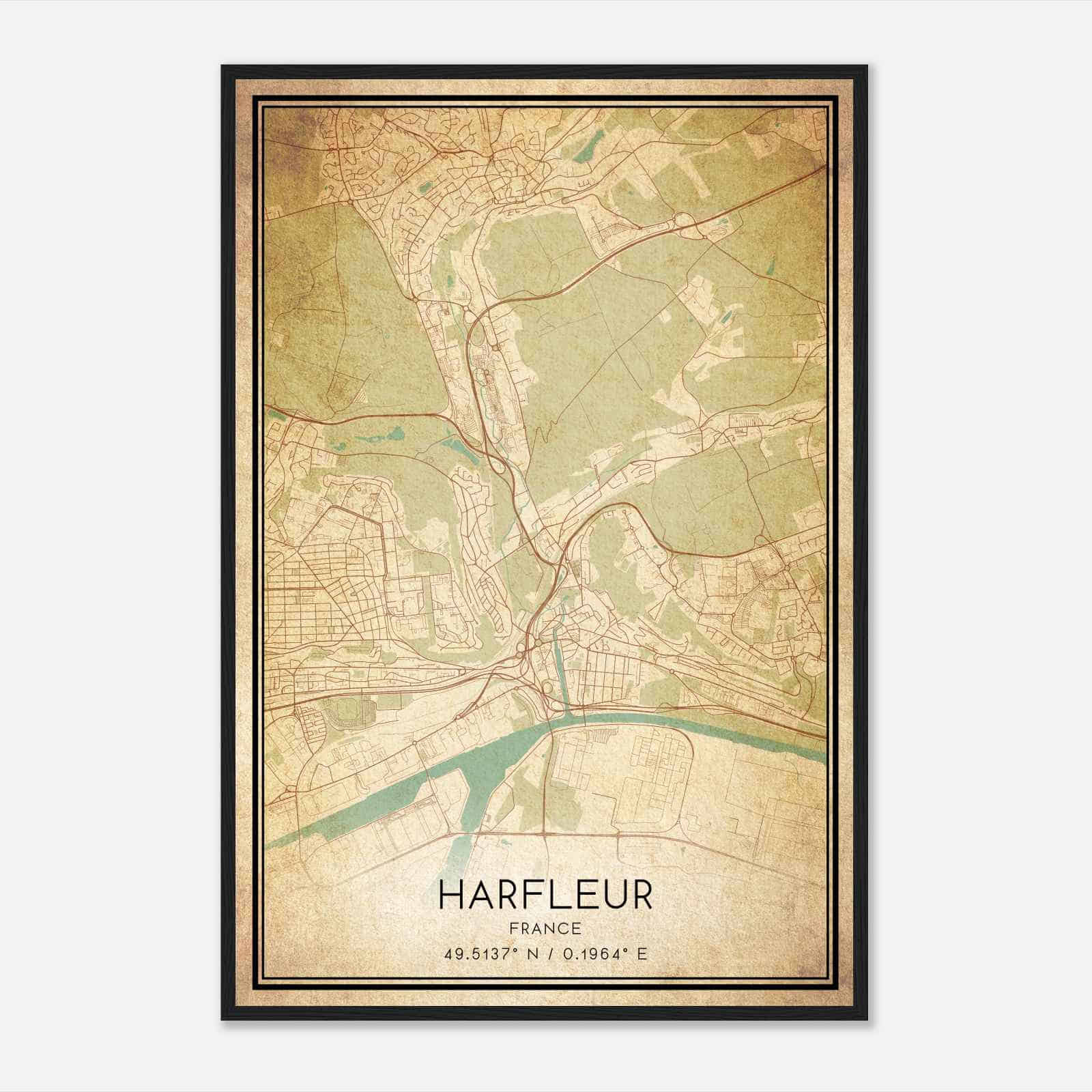 Vintage Harfleur France Map Poster, Harfleur City Road Wall Art Print ...
