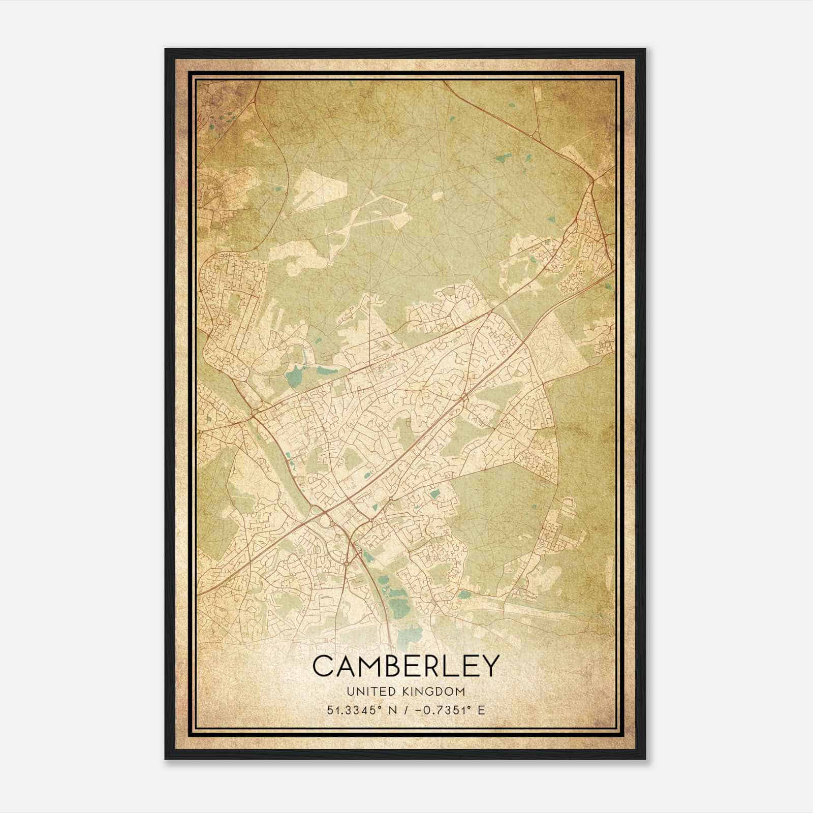 Vintage Camberley United Kingdom Map Poster, Camberley City Road Wall ...