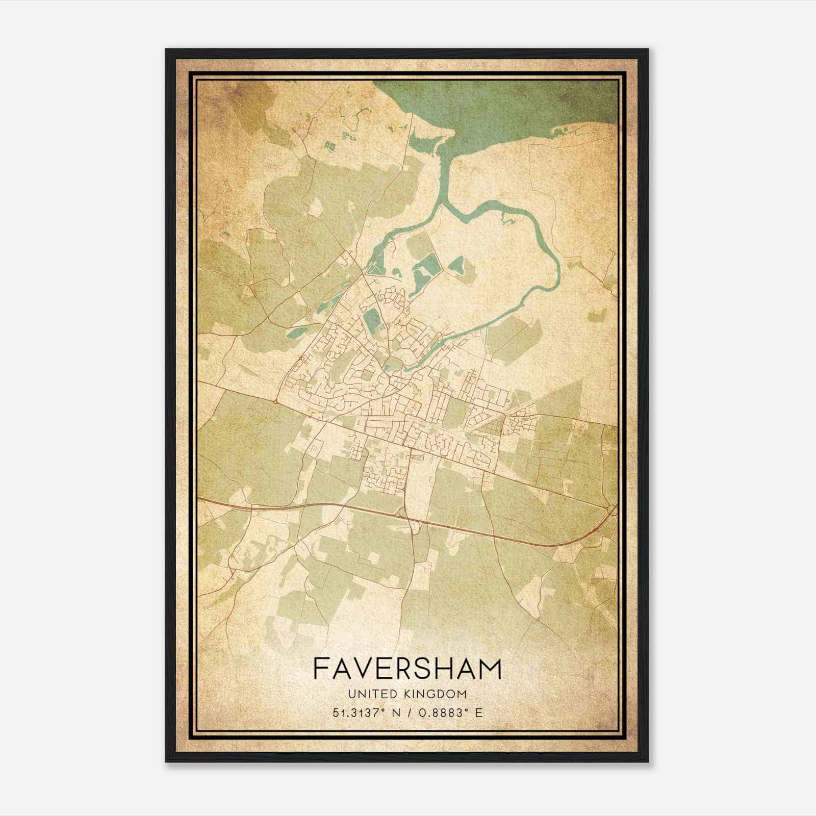 Vintage Faversham United Kingdom Map Poster, Faversham City Road Wall ...